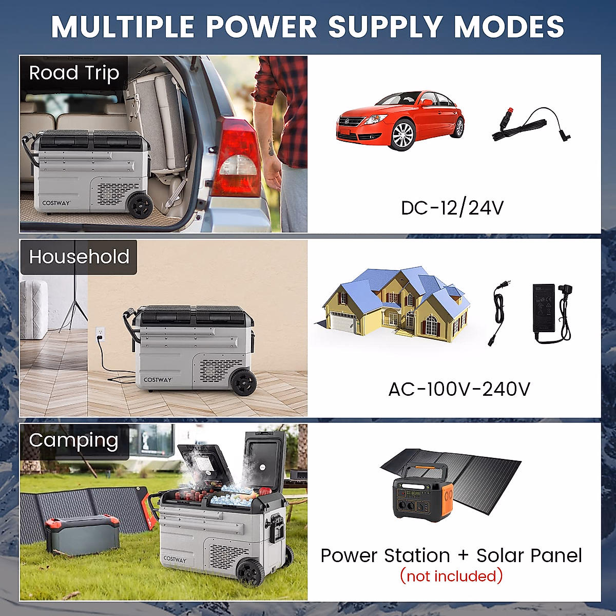 COSTWAY Car Refrigerator with Wheels, 40-Quart Dual-zone Single-temperature Electric Cooler, 12V/24V DC, 100-240V AC, -4°F To 50°F, Reversible Lids, Portable Car Freezer for RV Camping, Black