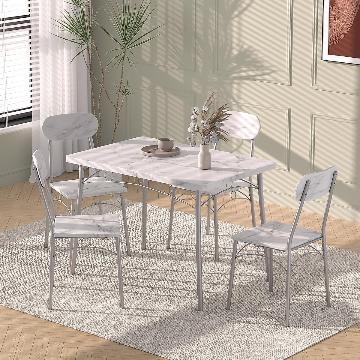 VECELO 5-Piece Dining Room Table Set, Rectangular Dinette with 4 Chairs for Kitchen, Breakfast Nook, Small Space, Marble White
