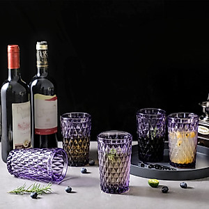 EVEREST GLOBAL Purple Highball Drinking Glasses set of 6 Colored Glass cups 11oz Embossed with Geometric Diamond Pattern Solid Color Vintage Water for Tea Juice and More