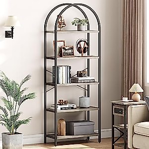 IDEALHOUSE Bookshelf 5 Tier Bookcase Arched Display Racks Tall Standing Bookshelves Metal Frame Farmhouse Storage Rack Shelf Grey Book Shelf for Bedroom, Living Room, Home Office