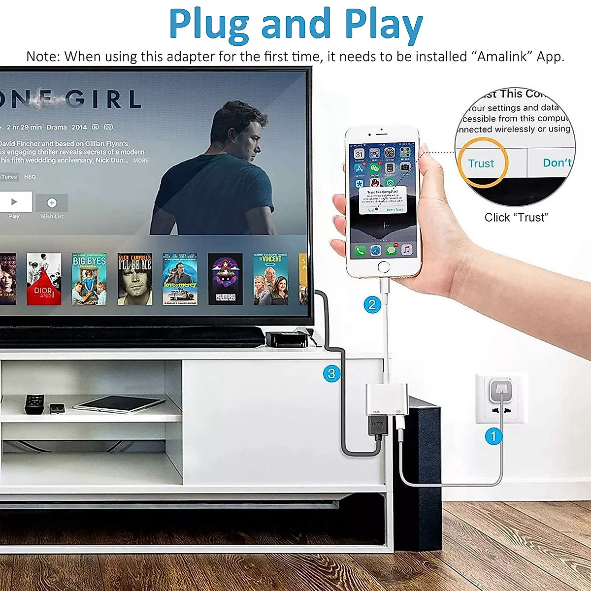 rosyclo Lightning to HDMI Digital AV Adapter, MFi Certified 2K Screen Audio & Video Converter with Charging Cable Connector Compatible iPhone/iPad/iPod for HDTV,Monitor,Projector White