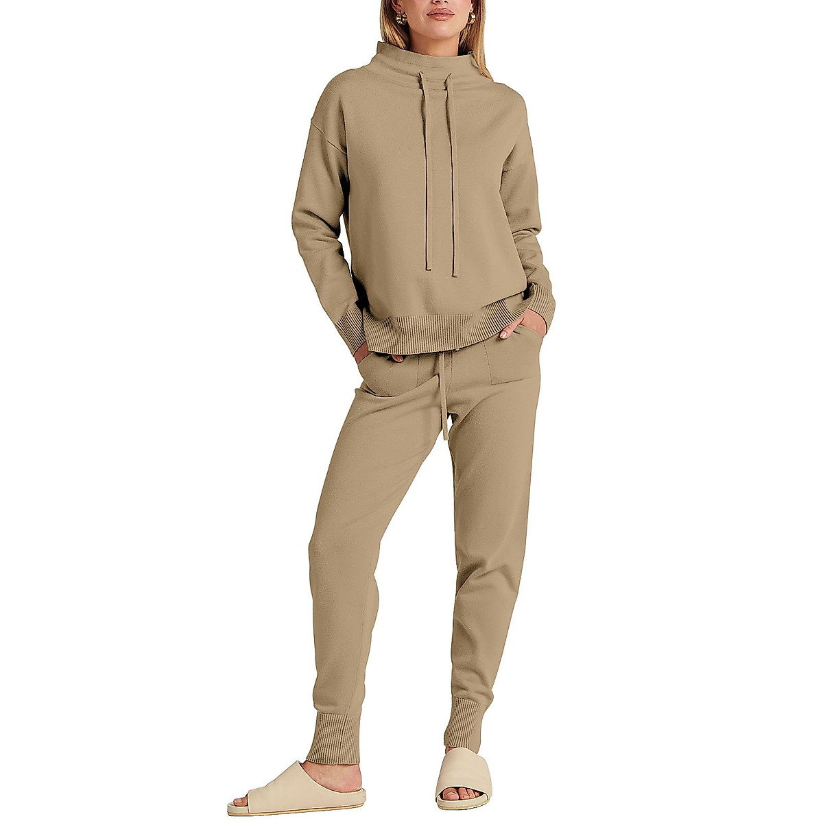 ANRABESS Women Two Piece Outfits Turtleneck Pullover Top Cozy Knit Sweater Pants Lounge Set 2024 Fall Sweatsuit Sweatsuits Khaki Medium