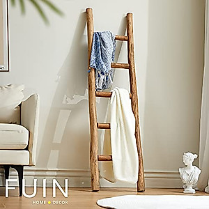 FUIN 6ft & 5ft Wood Decorative Wall Leaning Blanket Ladders Bathroom Storage Quilt Towel Display Rack Shelf Holder Rustic Farmhouse, Brown