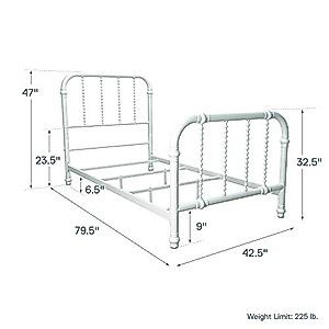 DHP Jenny Lind Kids Metal Bed Frame with Country Chic Headboard and Footboard, Underbed Storage Space for Toys, Twin, White
