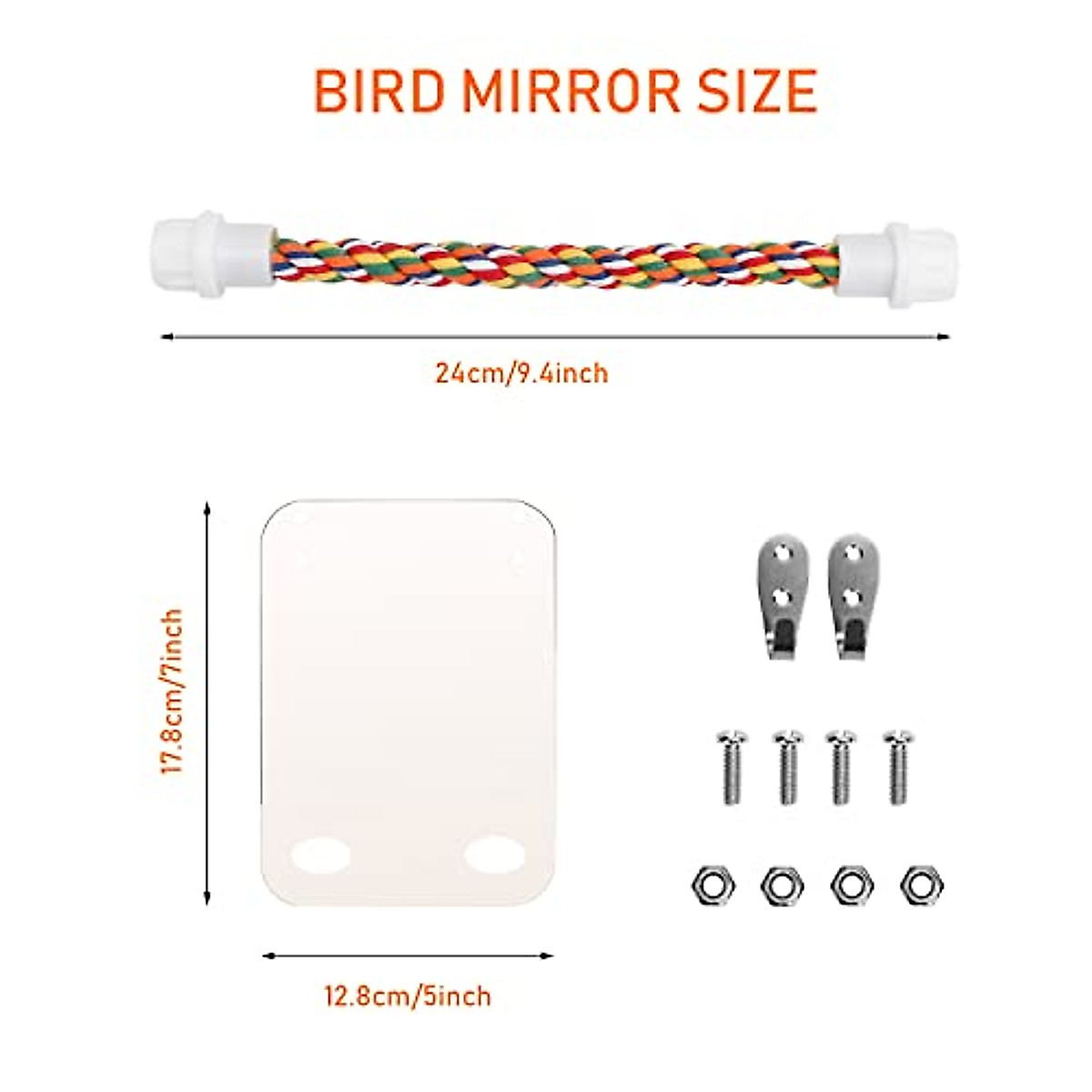 7‘’ Bird Mirror Coolrunner Mirror for Bird Cage Bird Mirror for Parakeets Cage Cockatiels Conures Cage Bird Parrot Mirror with Rope Parrot