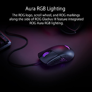 ASUS ROG Gladius III Wired Gaming Mouse | Tuned 19,000 DPI Sensor, Hot Swappable Push-Fit II Switches, Ergo Shape, ROG Omni Mouse Feet, ROG Paracord and Aura Sync RGB Lighting (Renewed)