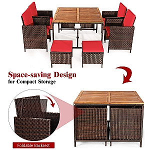 Tangkula 9 Pieces Acacia Wood Patio Dining Set, Space Saving Wicker Chairs and Wood Table with Umbrella Hole Outdoor Furniture Set, Suitable for Garden, Yard, Poolside, Outdoor Seating Set