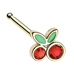 Amelia Fashion 20 Gauge Golden Pretty Please with a Cherry Nose Stud Ring 316L Surgical Steel (Gold)