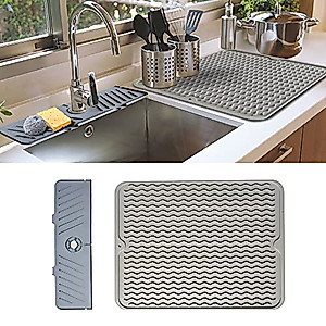 Dish Drying Mat Faucet Splash Guard Kits, Kitchen Bathroom Silicone Faucet Mat Sink Water Splash Guard, Silicone Mat Heat Resistant Mat Drying Mat for Kitchen Counter (Grey)
