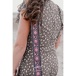 Pink Cotton Handbag Strap & Purse Strap Replacement - Jacquard Woven Embroidered Guitar Strap Styled Shoulder & Crossbody Strap - Adjustable Bag Strap For Tote And Messenger Bags – Silver Hardware