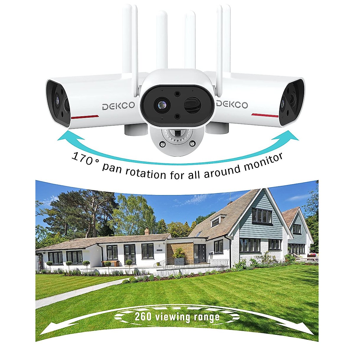 DEKCO Wireless Outdoor Security Camera for Home Security 260° View Range Solar Security Camera, Two-Way Audio, Simple Setup, Night Vision, Motion Detection WiFi Surveillance & Security Cameras