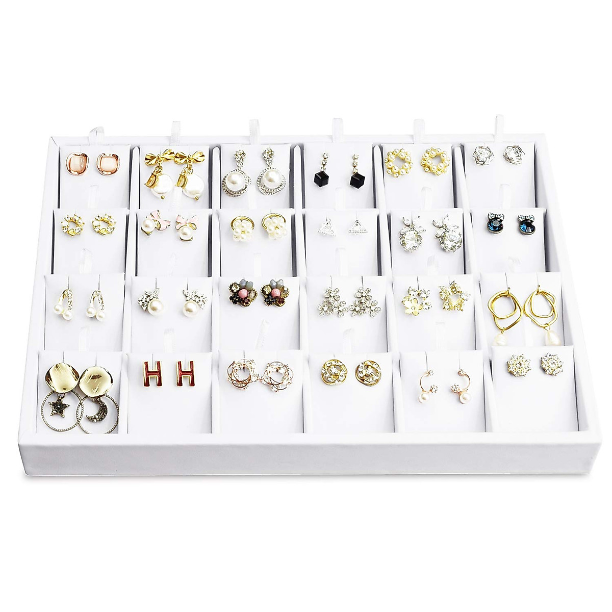 MOOCA Premium White Leatherette Horizontal Earring Cards Display Tray with 24 Earring Cards, Showcase Display for Jewelry & Pendant Collection, 10 1/4 W x 7 1/2 D x 1 H in