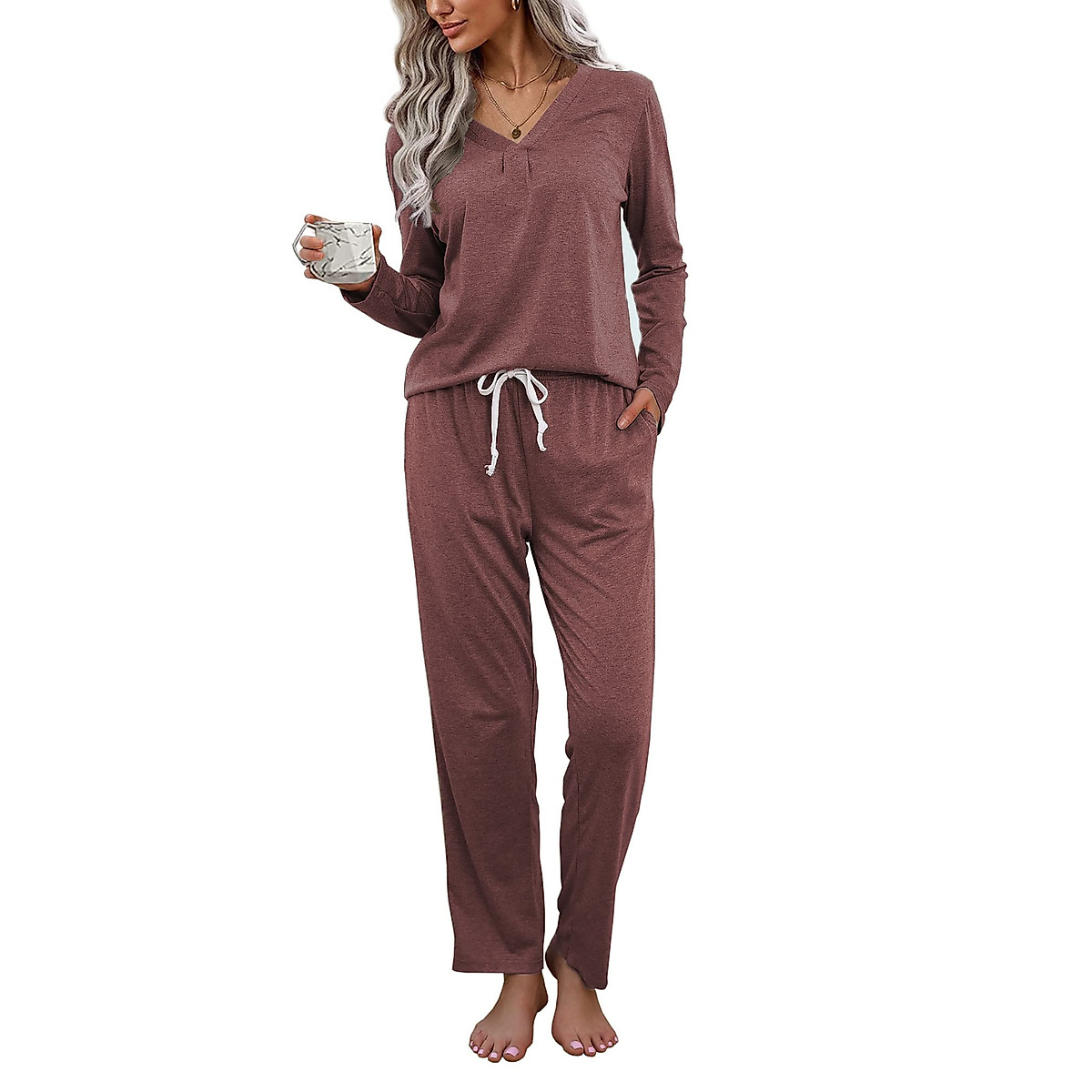 difficort Women's Pajama Sets Long Sleeve Lounge Sets Pjs Sleepwear with Pockets,Maroon,X-Large