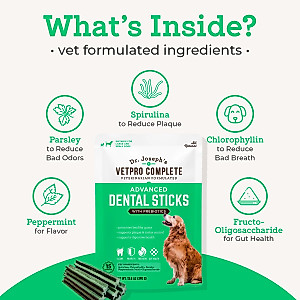 Vetpro Complete Advanced Dental Sticks with Prebiotics, 15 Sticks, Cleans Teeth, Freshens Bad Breath, and Supports Gut Health, Target Tartar and Plaque Build Up, Veterinarian Formulated