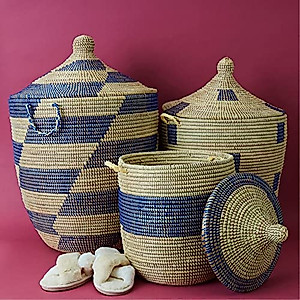 Senegal Extra Large Hand Woven Blue Beige Geometric Grass Basket with Hooded Lid
