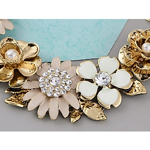 Alilang Womens Flower Rhinestones Pearl Statement Bib Golden Tone Necklace with Gray Yellow Enamel, Light Pink