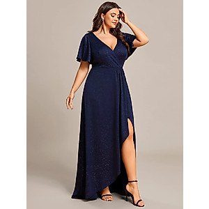 Ever-Pretty Plus Women's Plus Size Glitter A-Line Ruffle High-Low Summer Cocktail Dress with Sleeves Navy Blue US16
