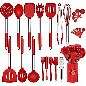 Silicone Cooking Utensil Set,Kitchen Utensils 26 Pcs Cooking Utensils Set,Non-stick Heat Resistant Silicone,Cookware with Stainless Steel Handle - Red
