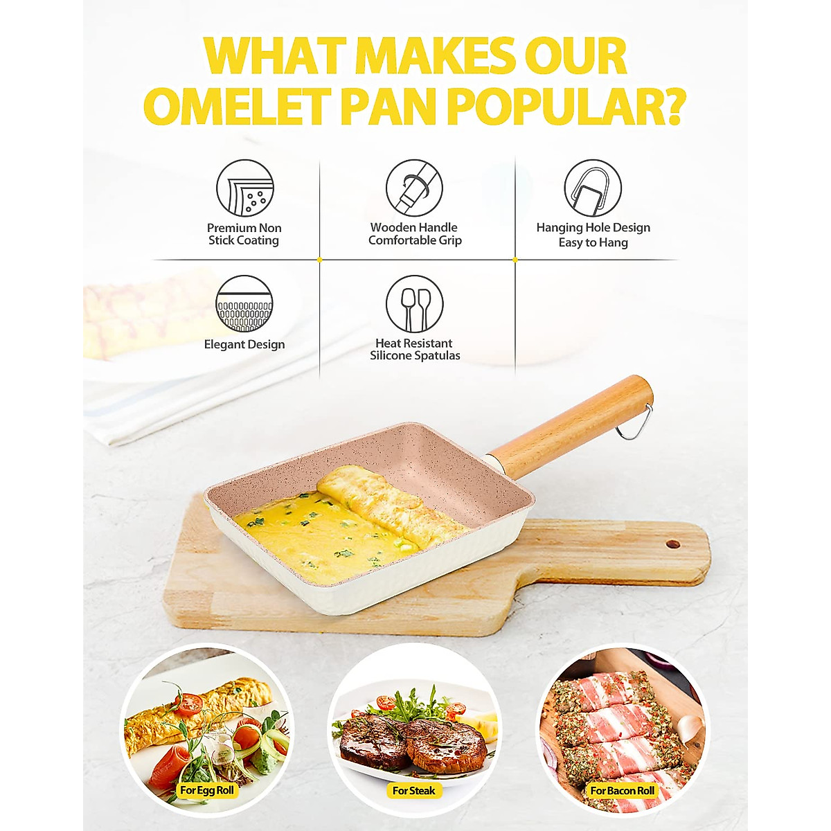 BUNDLEPRO Japanese Omelette Pan, Non Stick Tamagoyaki Eggs Frying Pan, Square Granite Cookware set, 7.1''Small Induction Skillet with Silicone Spatulas for Breakfast