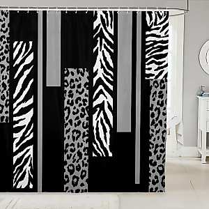 Leopard Print Shower Curtains,Cheetah Zebra Skin Geometric Patchwork Bathroom Curtains,Girls Women Room Decor,Rustic Farmhouse Black White Grey Fashion Waterproof Curtains,12 Hooks Suits,72"W x 72"L