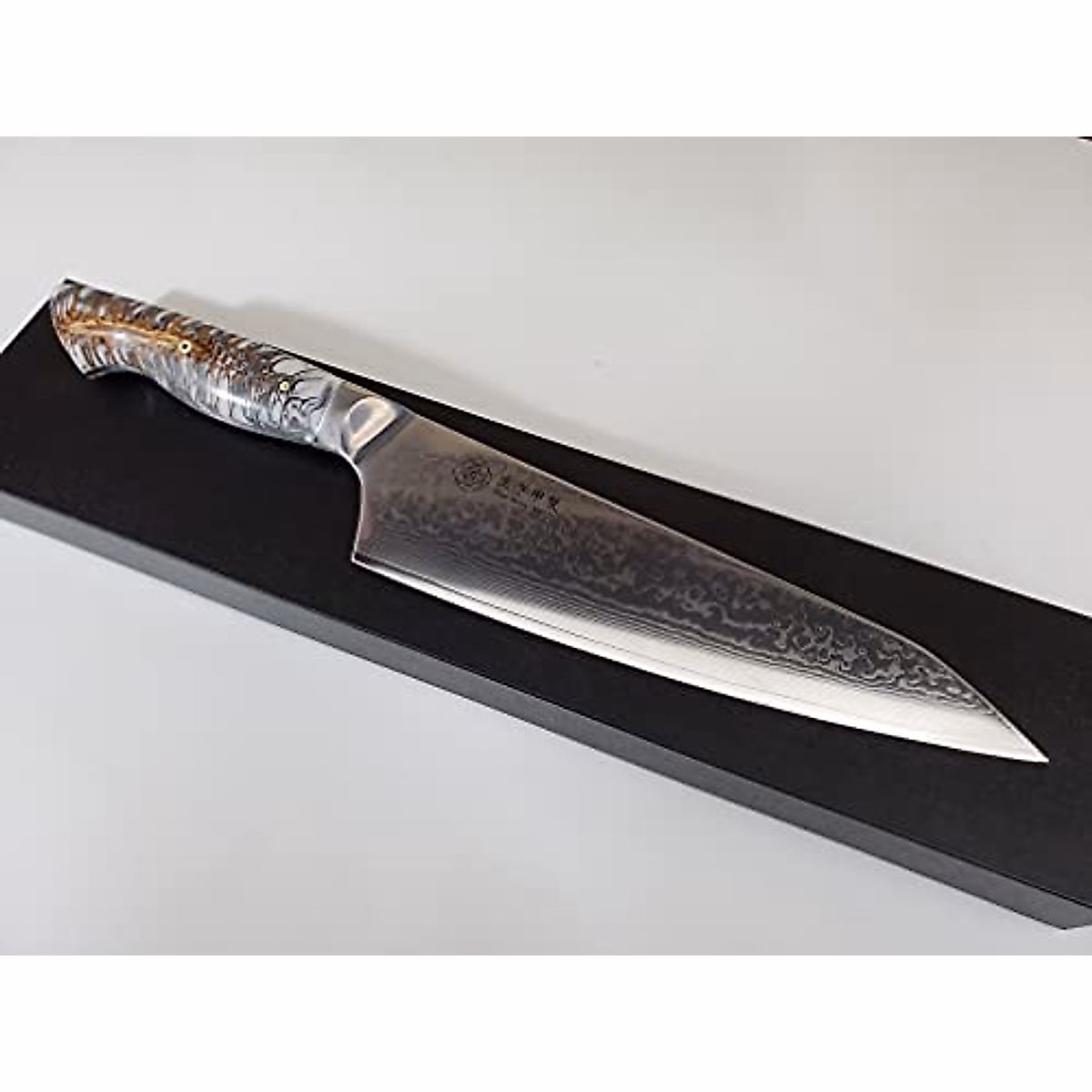 Custom VG10 Damascus chef knife Hybrid Santoku 9" White Silver cast pine cone handle, kitchen knife w/ 67 layer SS Damascus (Purple Cosmos)