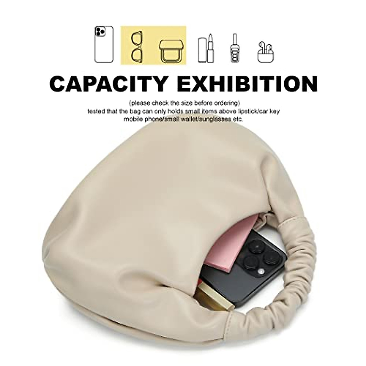 Pettata Chic Top Handle Bag for Women Small Ruched Hobo Handbag Beige Soft Faux Leather Tote Bags Purse