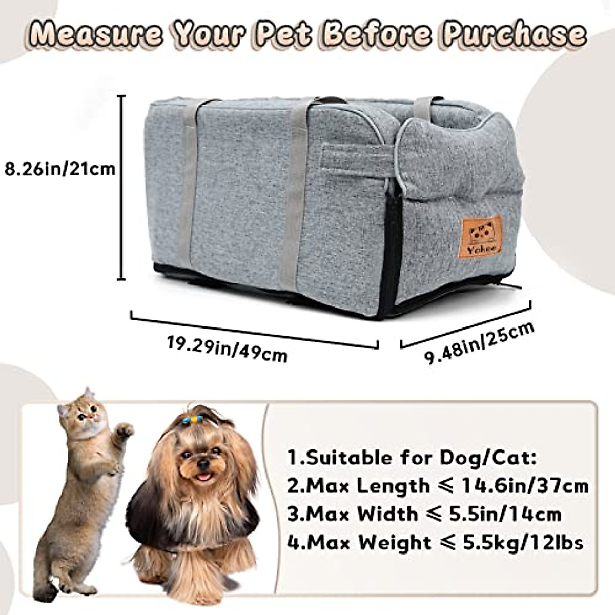 Yokee Dog Car Seat Center Console Dog Booster Seat Fully Detachable and Washable for Small Pets Up to 12 Lbs, Dogs and Cats CarSeat with Fixed Velcro and Straps, Fits Car, Home, Travel - Grey