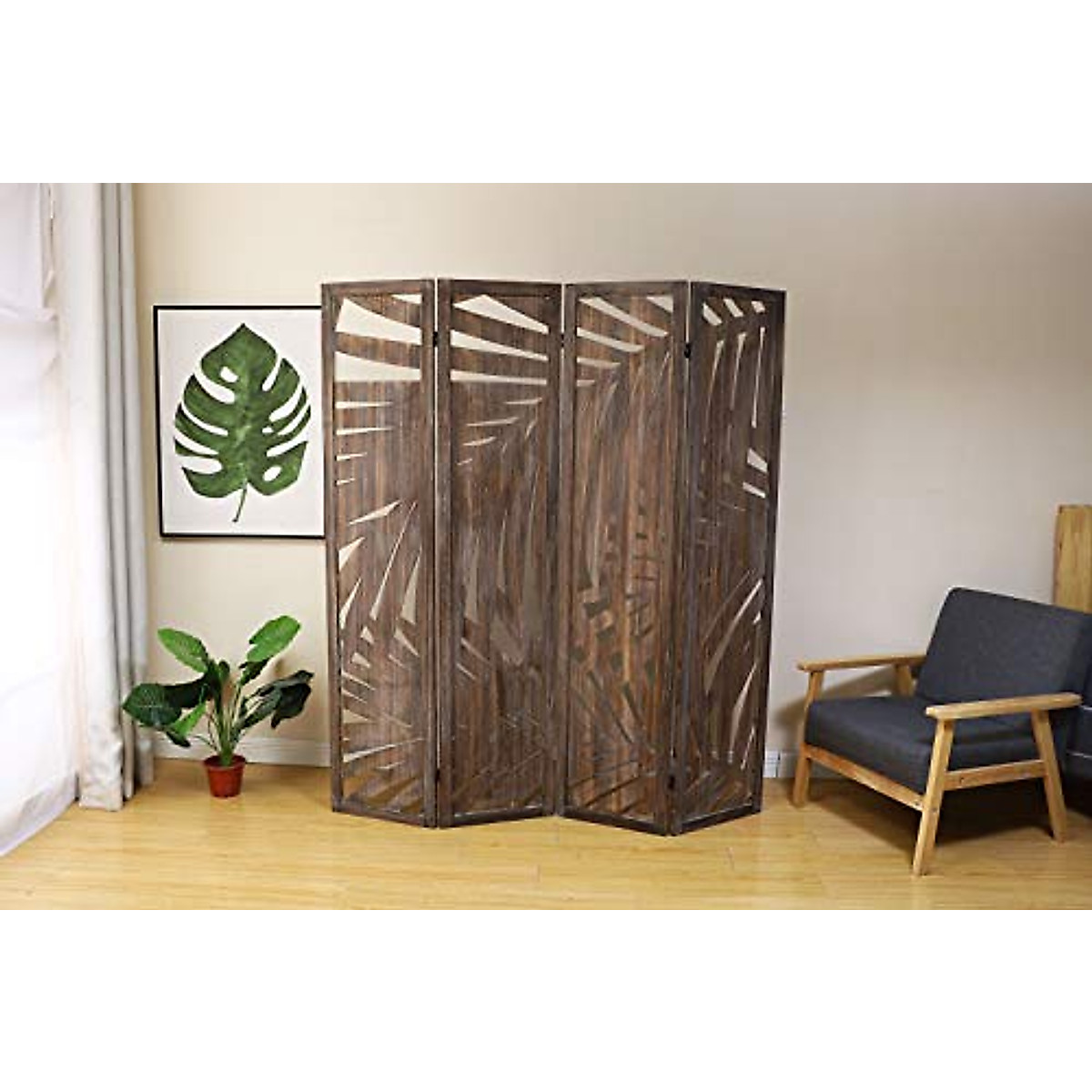 Proman Products Palm Spring 4-Panel Folding Screen Room Divider FS37151 Made in Natural Paulownia Wood, Carbonized Finish, 60" W x 67" H x 1" D (Max Extend), 15" W x 67" (Per Panel), Smoked Brown