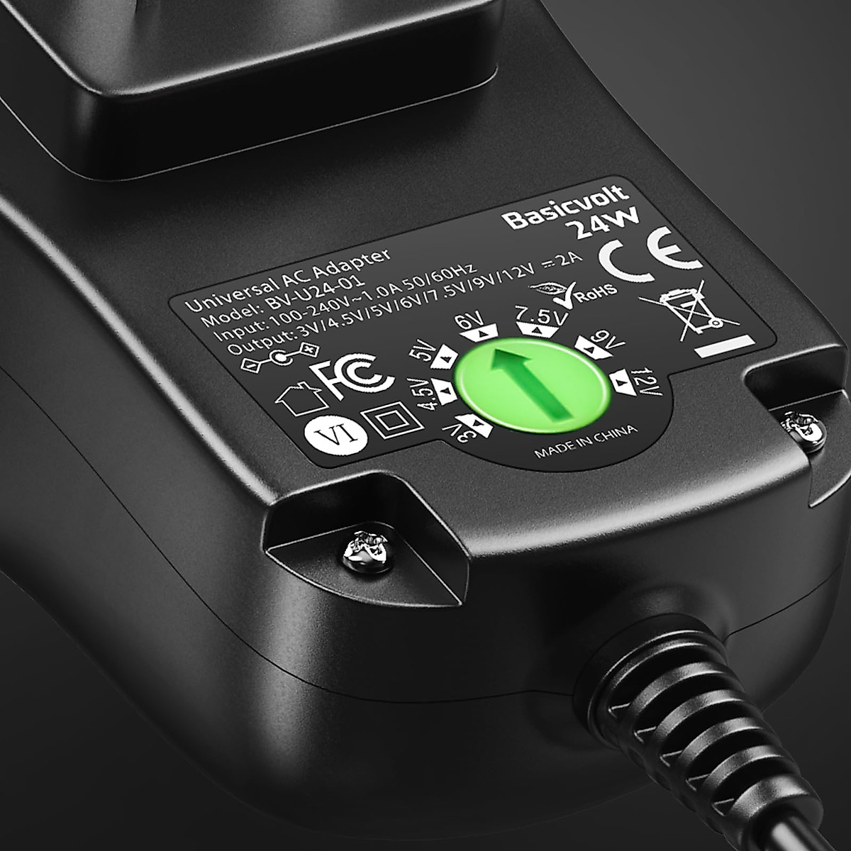 Basicvolt Universal AC/DC Adapter Multi-Voltage Regulated Switching Power Supply with 11 Selectable DC Plugs for 3V 4.5V 5V 6V 7.5V 9V 12V Household Electronics 2.0A 24Watt Max