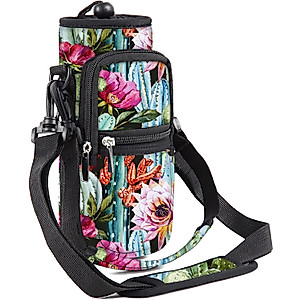 WINTOJO Neoprene Water Bottle Carrier Bag Holder 25oz 32oz 40oz 64oz Insulated Water Bottle Sling Sleeve Case Cover with Strap Pockets for Men Women Walking Hiking Running (32oz, cactus)