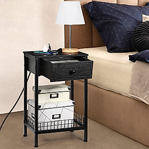 MOOACE Nightstand with Charging Station, Tall End Table with Drawer and Mesh Basket Storage Rustic Bedside Table for Bedroom,Living Room,Small Spaces - Black
