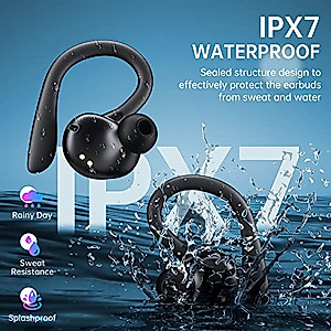 NANSON Headphones Wireless Earbuds 60hrs Playback IPX7 Waterproof Earphones Over-Ear Stereo Bass Headset with Earhooks Microphone LED Battery Display for Sports/Workout/Gym/Running Black