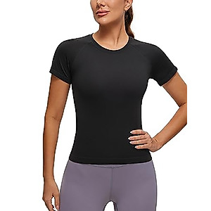 CRZ YOGA Women's Seamless Workout Tops Breathable Short Sleeve Gym Shirts Running Yoga Athletic T-Shirts Black Small