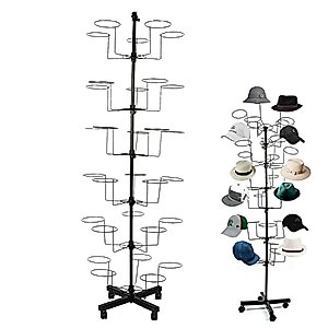 uyoyous 6-Tier Hats Display Rack Rotating Retail Hat Rack Stand 30 Hooks Adjustable Hat Headwear Rack with Wheels Metal Free Standing Hat Hanger Floor Standing Tower for Wig Cap Baseball Hats