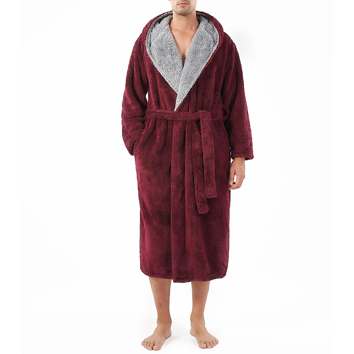 DAVID ARCHY Men's Soft Plush Fleece Robe Full Length Hooded Long Bathrobe for Men with Hood (L, Red- Shu Velveteen)