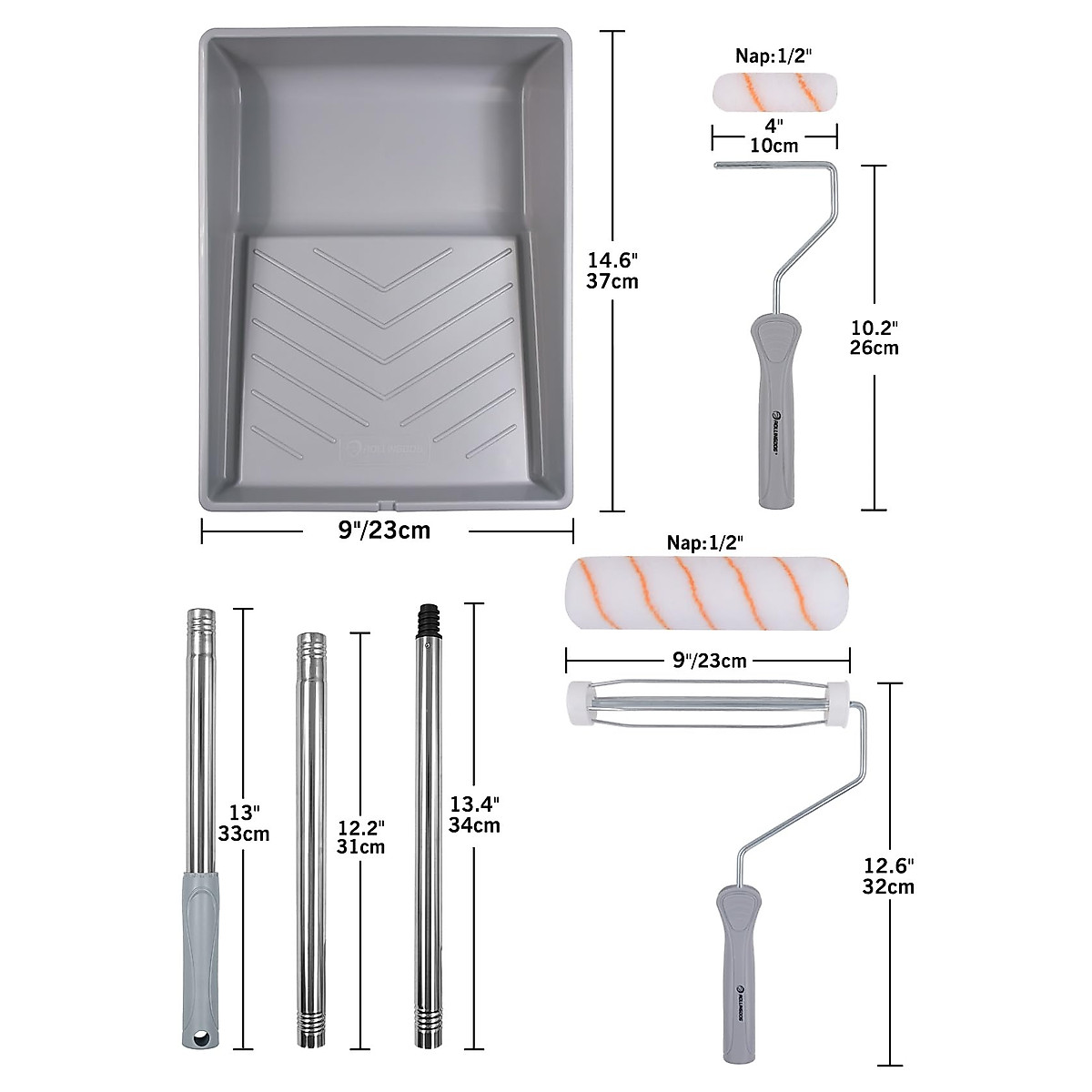 ROLLINGDOG Paint Roller Kit with Extension Pole - 9 Inch Paint Roller with Tray, 4Inch Mini Rollers,Stainless Steel Extension Pole (3ft)