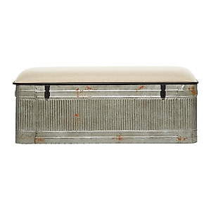 Deco 79 Metal Room Storage Bench Galvanized Entryway Bench with Cream Burlap Top, Bench 50" x 16" x 18", Gray