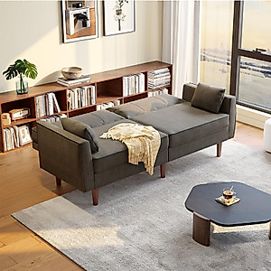 ONBRILL 75" Faux Leather Sofa Bed, Convertible Futon Sofa Bed with Adjustable Backrest, Modern Loveseat Sleeper Sofa with 2 Square Pillows & Solid Wooden Frame, Grey Couch for Living Room, Bedroom