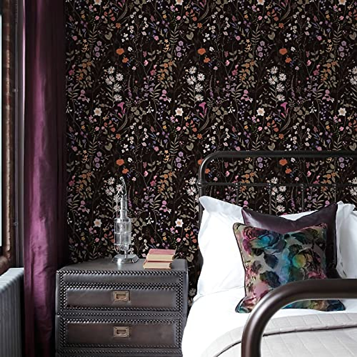 Wallpaper Self-Adhesive Blooming Vintage Colourful Flowers Wall Paper for Bedroom Living Room Cabinet, Peel and Stick Beige Sketch Little Flowers Wallpaper Mural 7.1 sq. feet (17.3''''x59.1'', Black)