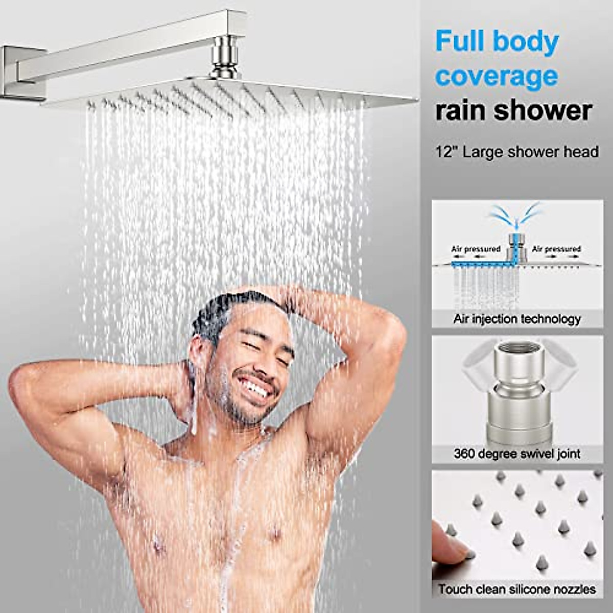EMBATHER Shower System with Tub Spout,12 Inch All-Metal Tub Shower Faucet Combo Complete, Wall Mounted Rain Shower Head with Handheld Spray, Brushed Nickle (with Brass Valve and Trim kit)