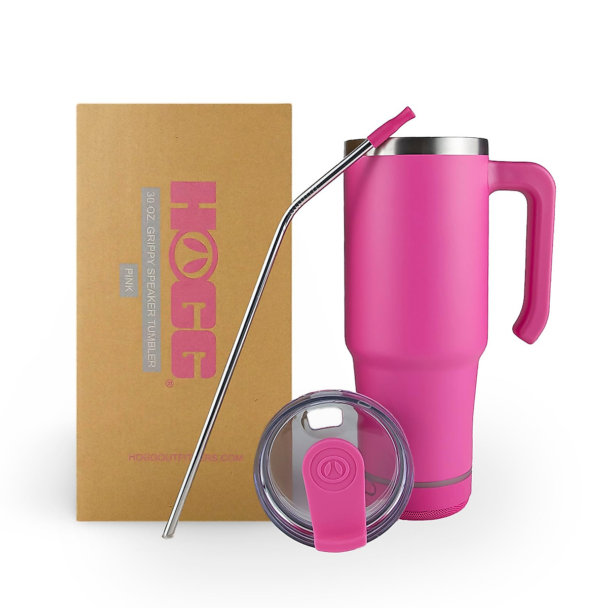 Hogg Bluetooth Speaker Tumbler - 30 oz Pink Tumbler with Handle and Built-in Speaker