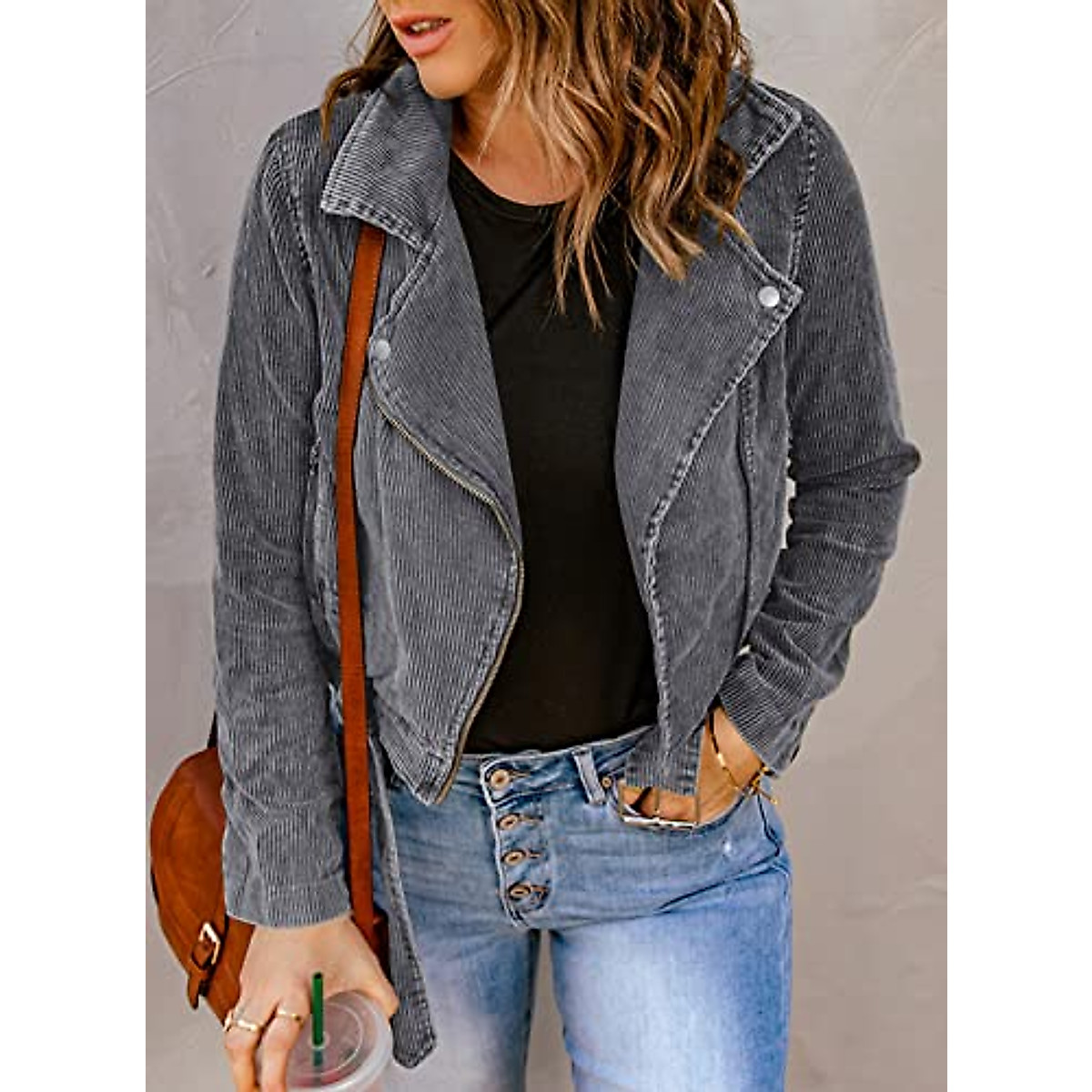 Dokotoo Motorcycle Jackets for Women Winter Fall Zip Up Collar Long Sleeve Zipper Corduroy Casual Fashion Blet Cropped Outerwear Gray Medium