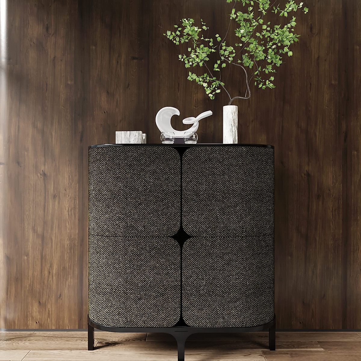 CRE8TIVE 24"x118" Black Gold Grasscloth Textured Wallpaper - Stick and Peel Fabric Linen Herringbone Removable Wallpaper - Self Adhesive Metallic Black Contact Paper for Bedroom Cabinets Walls