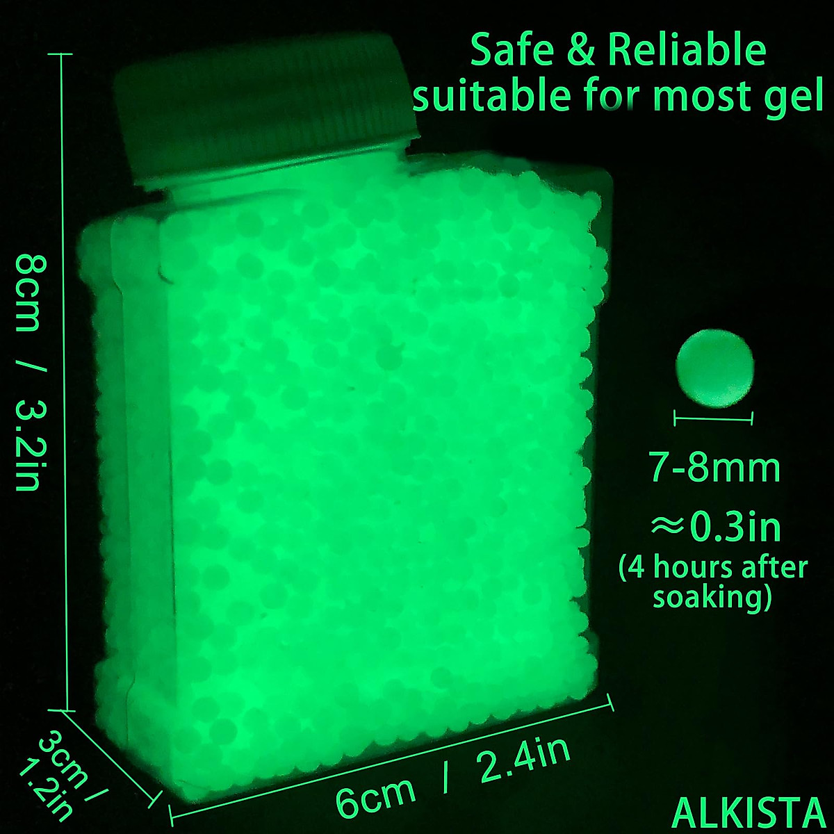 ALKISTA Glow in The Dark Gel Ball Beads, 2 Bottles 7mm-8mm Fluorescence Green Gel Water Luminous Beads Balls, for Ages 14+ (2 Bottles, with Nozzle&Drain Bag)