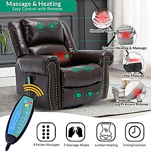 VIVIJASON Massage Swivel Rocker Recliner Chair with Heat & Vibration, 360° Swivel Manual Glider Rocking Reclining Chair with 2 Remote Controls, Side Pockets & USB Ports for Living Room, Brown