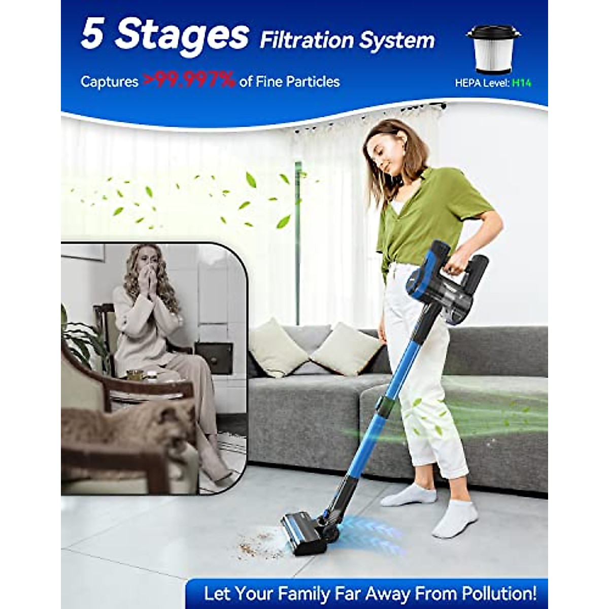 DEVOAC Cordless Vacuum Cleaner, 6 in 1 Stick Vacuum Cleaner with Powerful Suction, Lightweight Vacuum Cleaner with Rechargeable Battery, Convenient Handheld Vacuum for Carpet Hard Floor Pet Hair Home