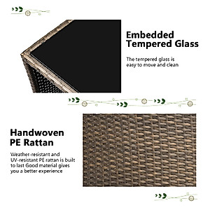 kinbor Outdoor Patio Side Table - Wicker PE Rattan Patio Table, Square Coffee Table with Glass Top and Storage, Outdoor Side/End Table for Deck Pool Garden Lawn Porch (Dark Blonde)