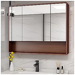 Solid Wooden Bathroom Medicine Cabinet Wall Mounted Mirror Cabinet Multipurpose Storage Organizer with 3 Mirrored Doors & Storage (Color : Brown, Size : 90x80x14cm)