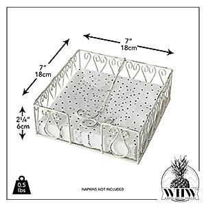 French Country Style Flat Napkin Holder with Flip Bar, Metal, Arabesque Details, Shabby White Finish, 7 x 7 Inches