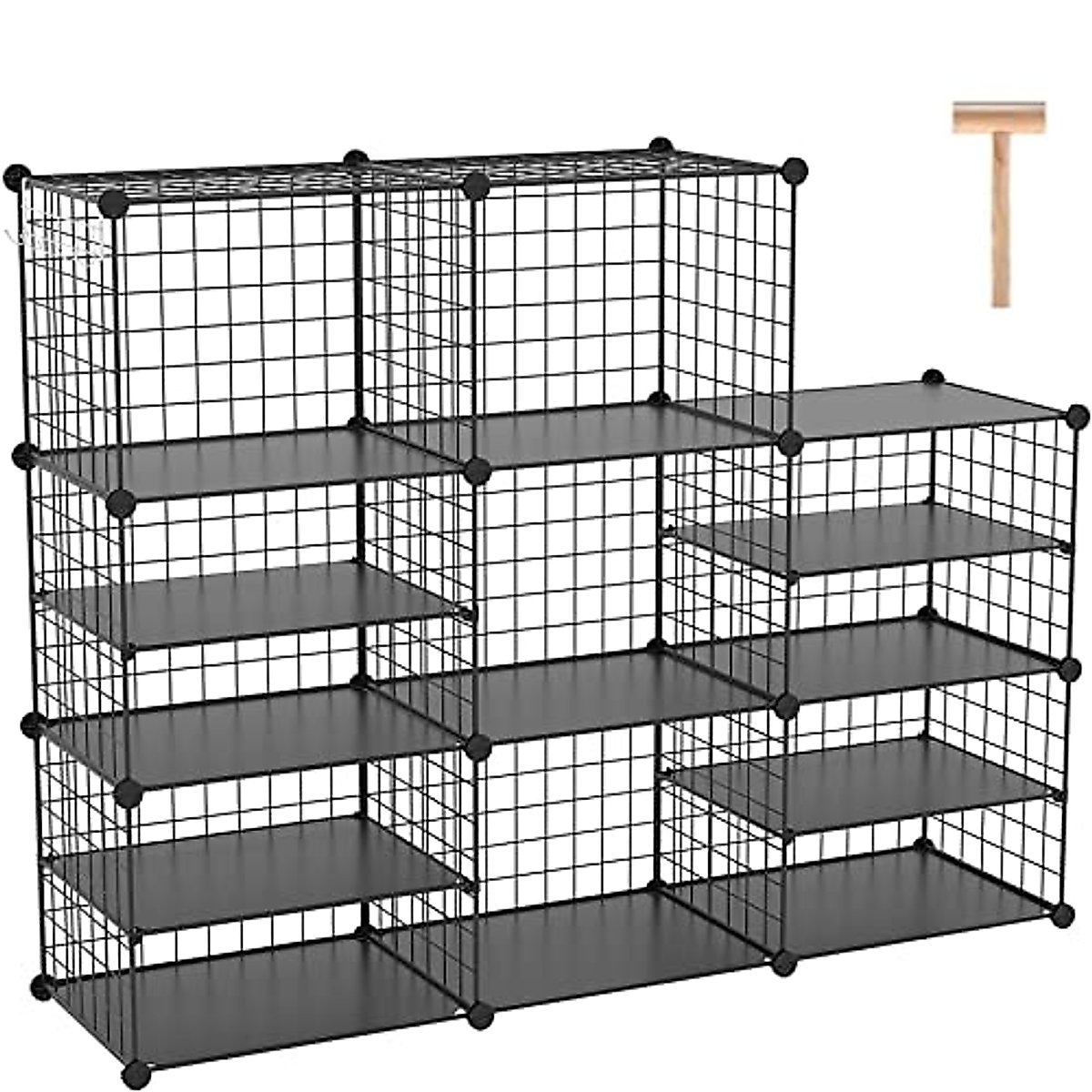 C&AHOME Wire Cube Storage Unit, Interlocking Metal Wire Organizer with Divider Design, Modular Cabinet with Plastic Panels, Bookshelf Stackable Closet Organizer with Small Hooks, Black UWCSIM08B